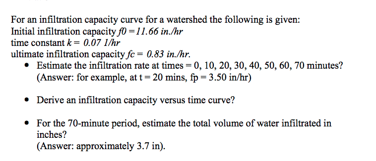 Solved For an infiltration capacity curve for a watershed | Chegg.com