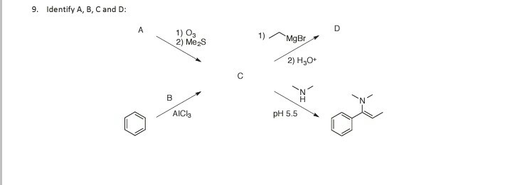 Solved Identify A, B, C and D: 9. A 1) O3 2) Me2S 1) MgBr 2) | Chegg.com
