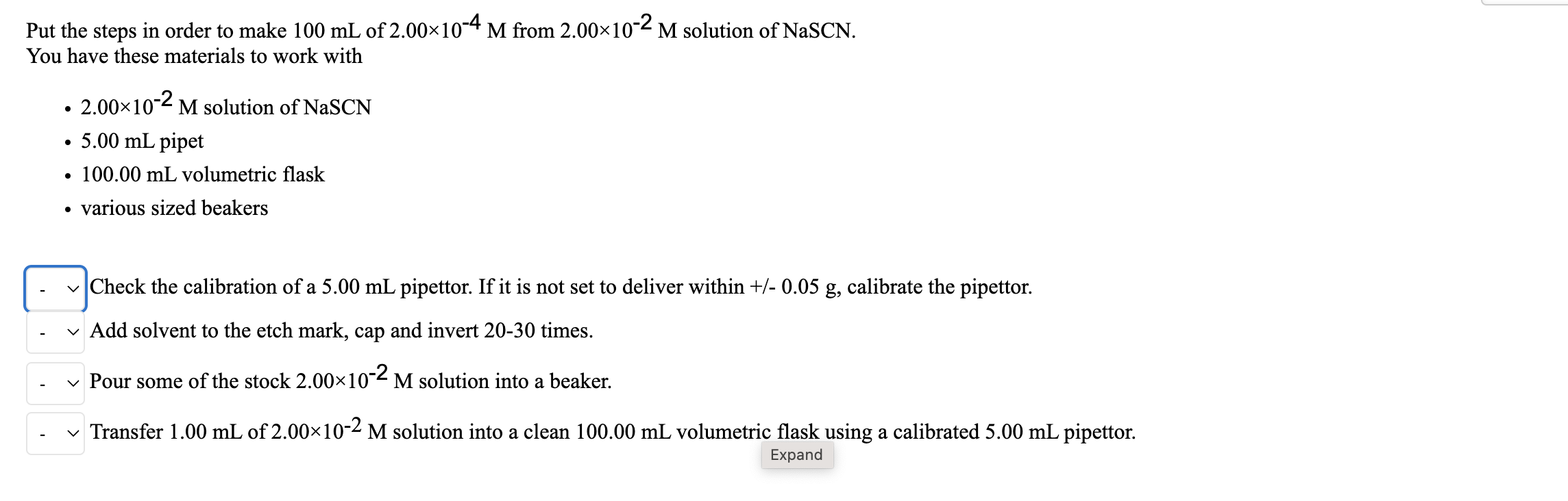 Solved Put the steps in order to make 100 mL of 2.00×10−4M | Chegg.com