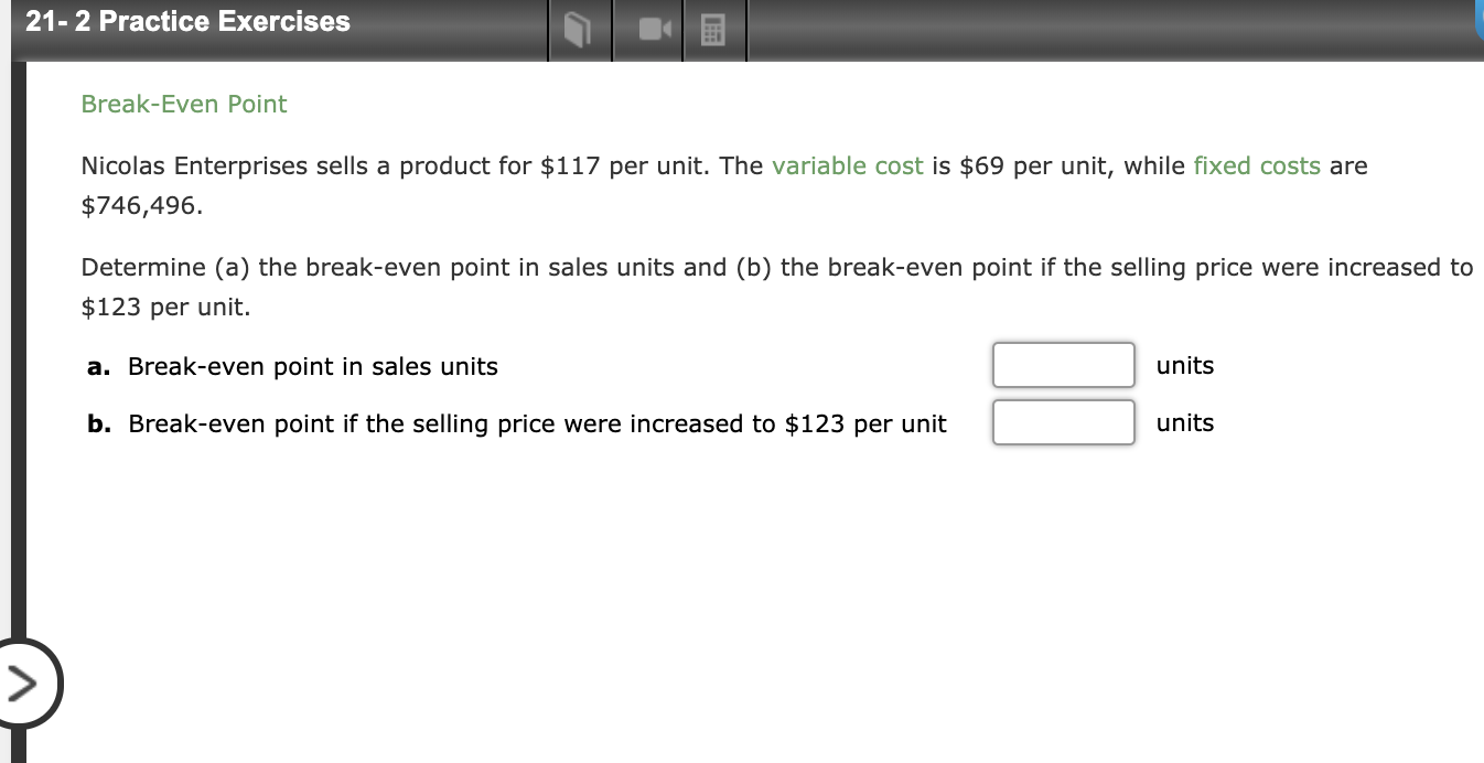 Solved 21- 2 Practice Exercises Break-Even Point Nicolas | Chegg.com