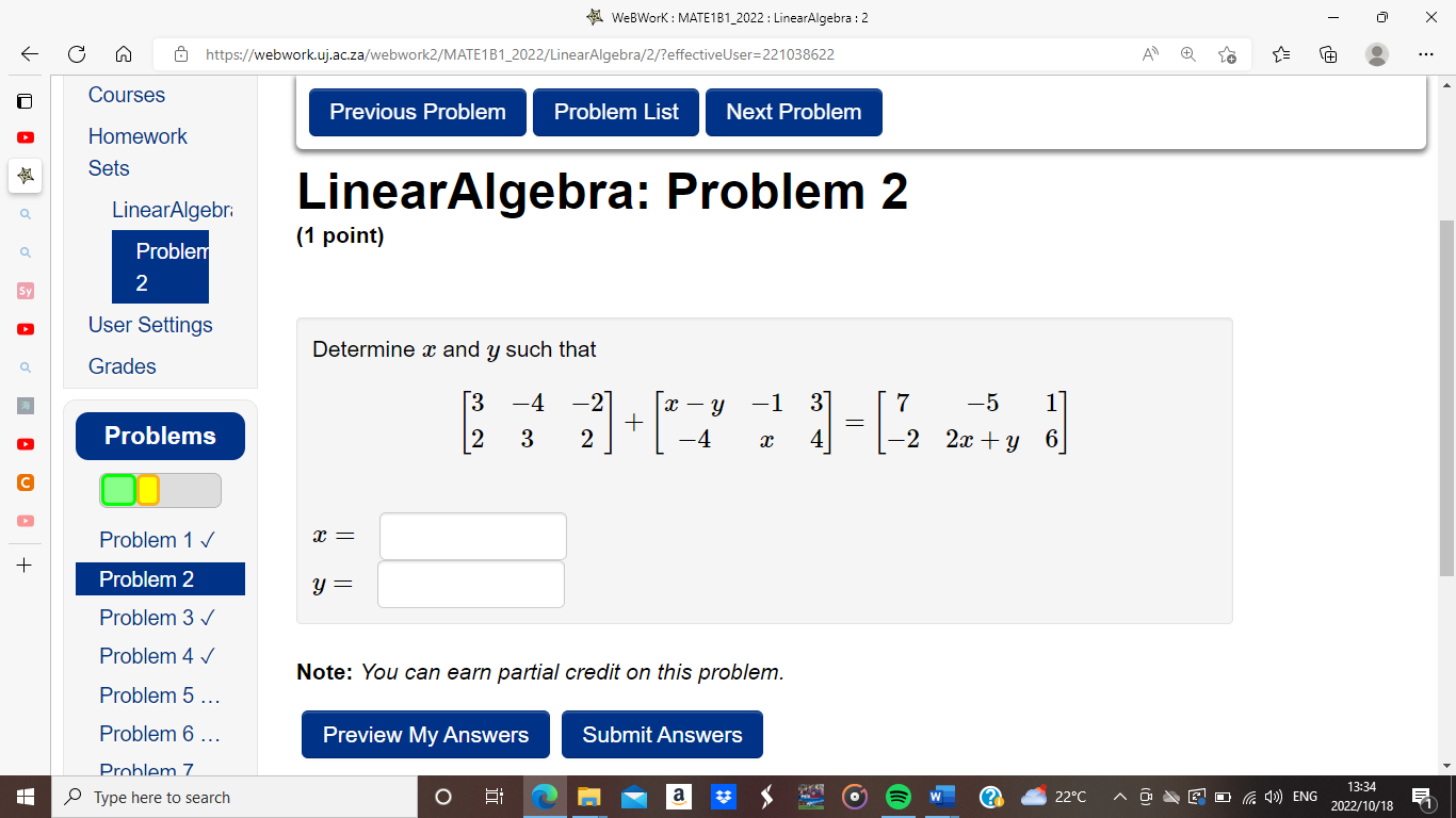 Solved LinearAlgebra: Problem 2 (1 point) Determine x and y | Chegg.com