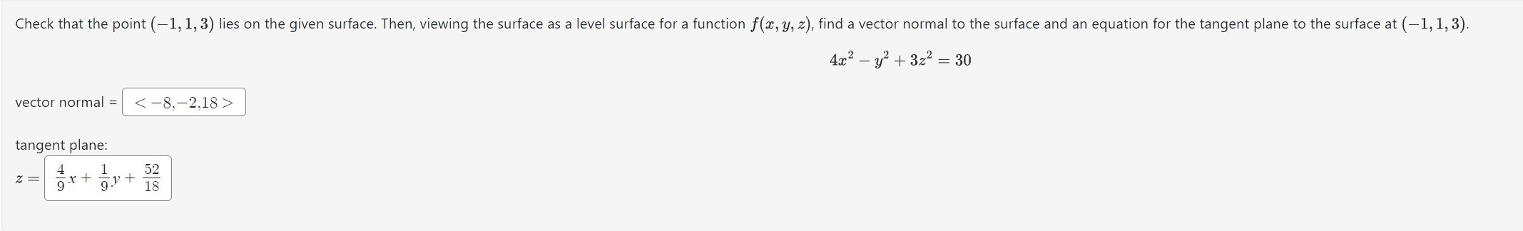 Solved 4x2−y2+3z2=30 vector normal = tangent plane: | Chegg.com