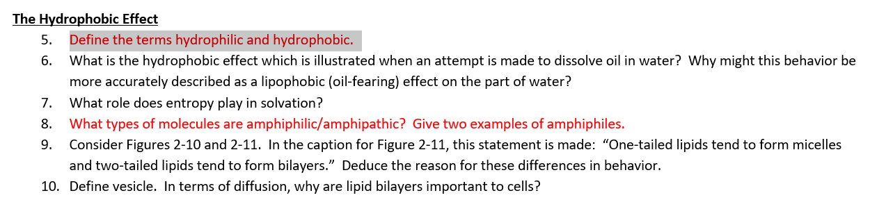 Solved The Hydrophobic Effect 5. Define the terms | Chegg.com