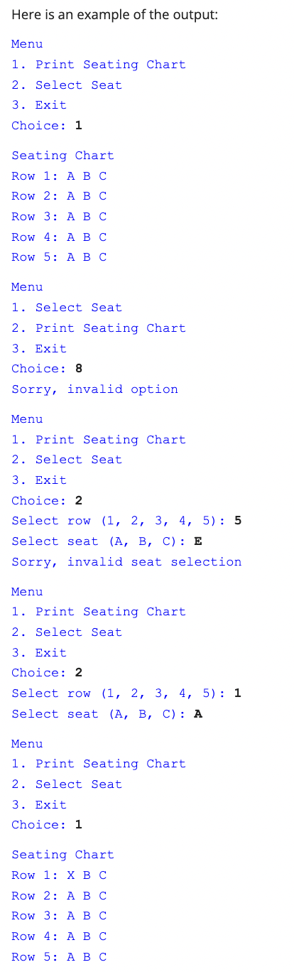 Solved For this program, you will be creating a seat | Chegg.com