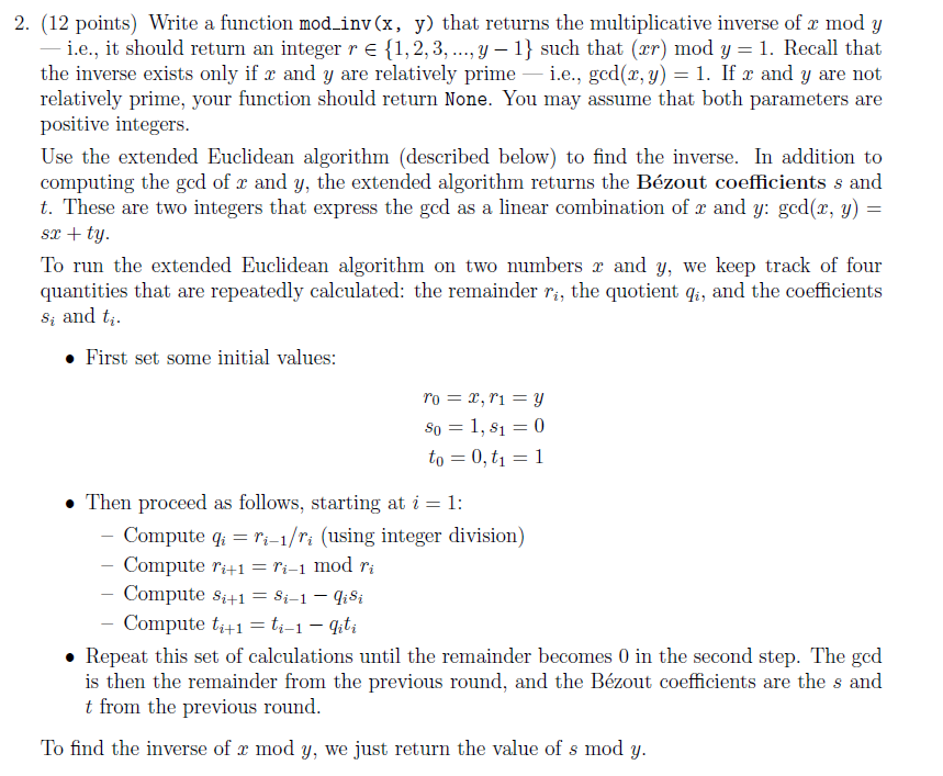 Solved 2. (12 points) Write a function mod_inv (x,y) that | Chegg.com
