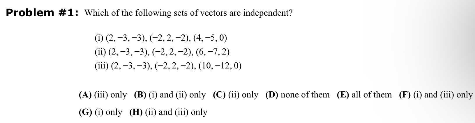 Solved Problem # 1: Which of the following sets of vectors | Chegg.com