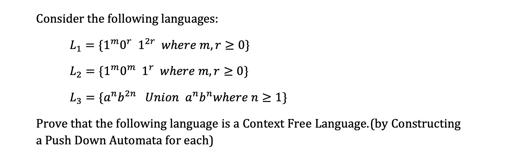 Solved Consider the following languages: L1={1m0r12r where | Chegg.com