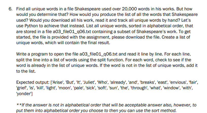 Solved Find all unique words in a file Shakespeare used over | Chegg.com