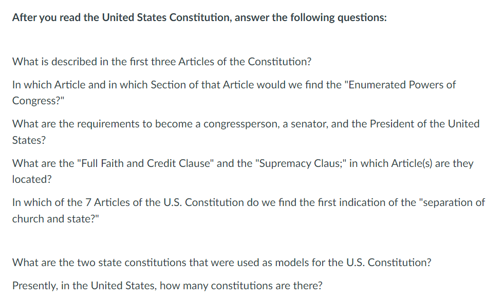 Solved After you read the United States Constitution, answer | Chegg.com