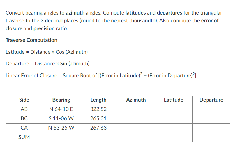 Solved Convert bearing angles to azimuth angles. Compute | Chegg.com