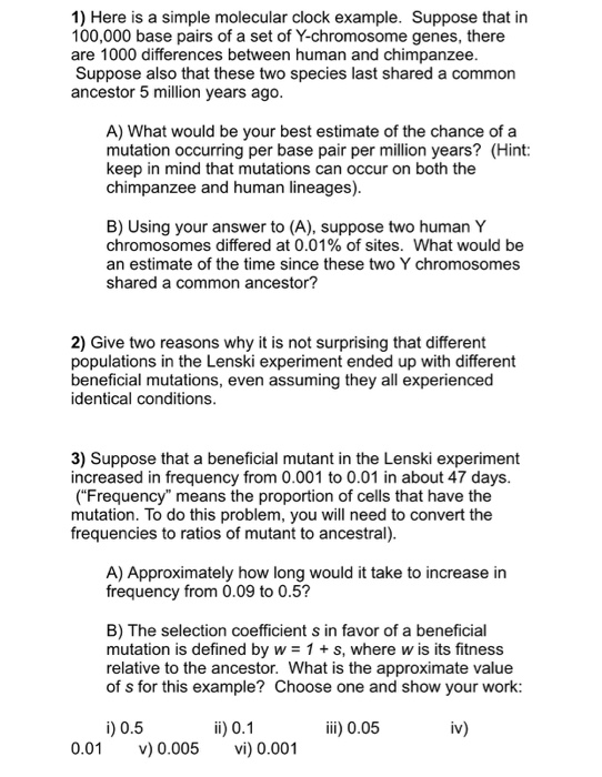 1) Here is a simple molecular clock example. Suppose | Chegg.com