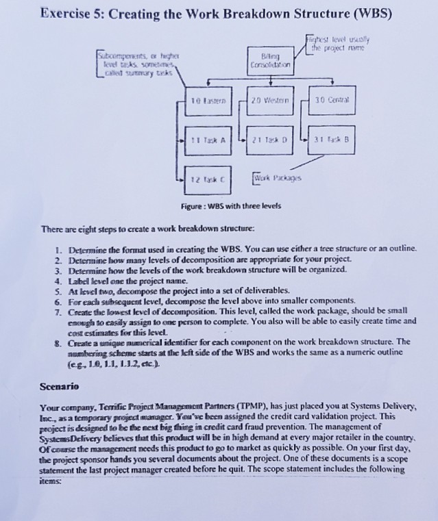Exercise 5: Creating the Work Breakdown Structure | Chegg.com