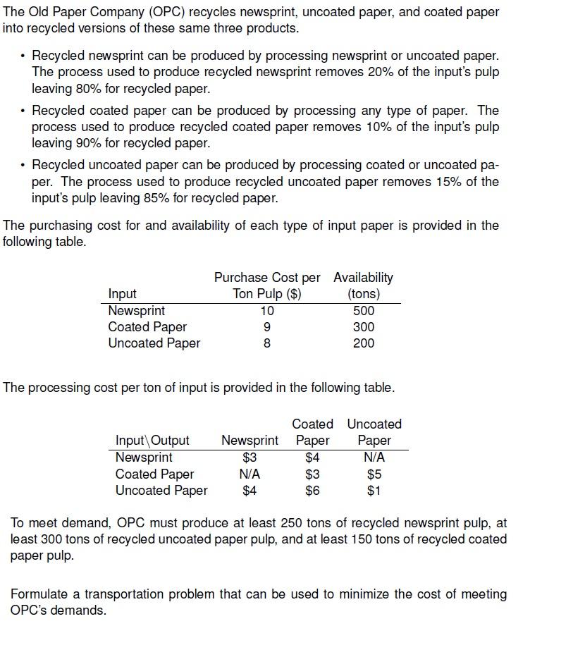 Solved The Old Paper Company (OPC) recycles newsprint, | Chegg.com