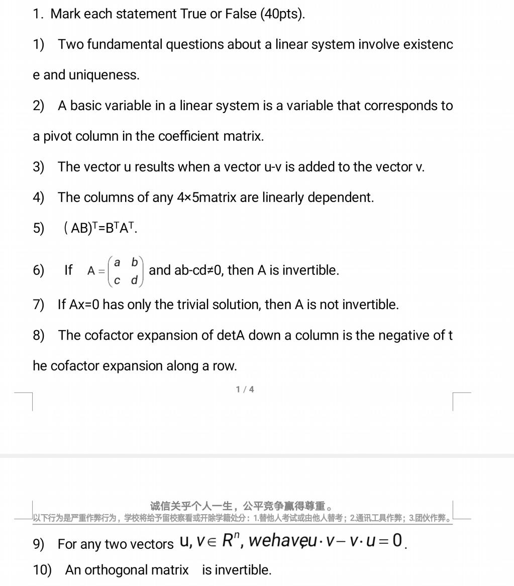 Solved 1) Two fundamental questions about a linear system | Chegg.com