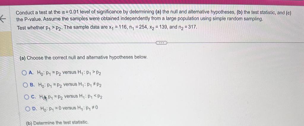 Solved Conduct a test at the α=0.01 level of significance by | Chegg.com