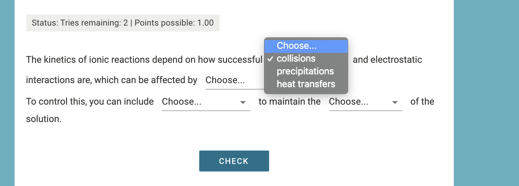 Solved Status: Tries remaining: 2 | Points possible: 1.00 | Chegg.com
