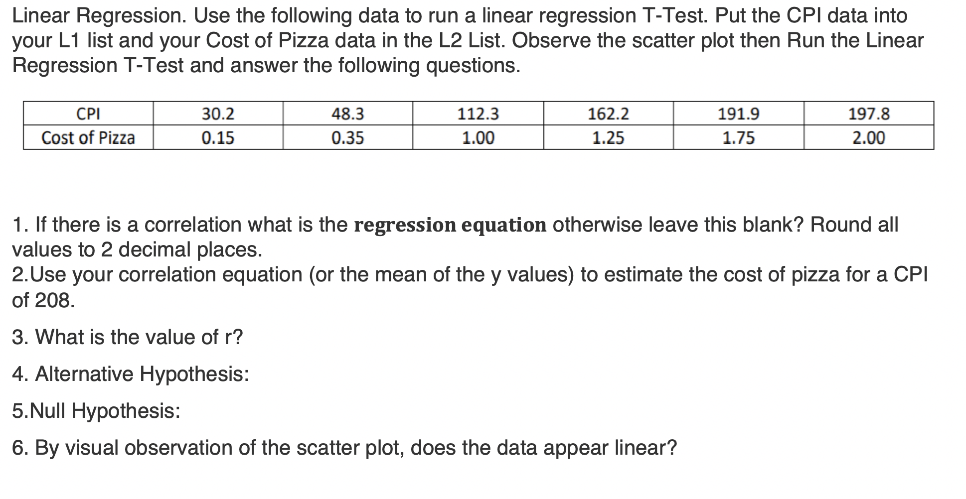 Solved Linear Regression. Use the following data to run a | Chegg.com