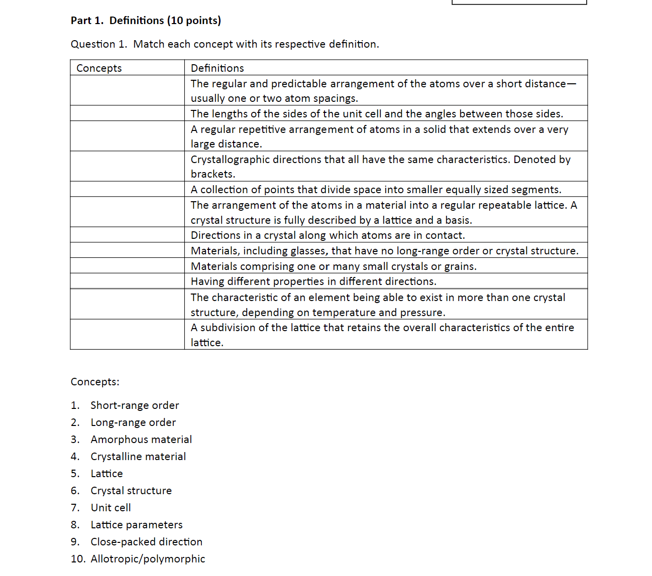 Solved Part 1. ﻿Definitions (10 ﻿points)Question 1. ﻿Match | Chegg.com