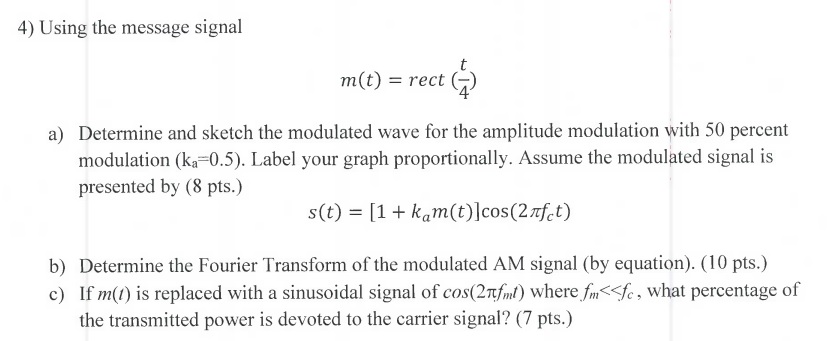 Solved 4) Using the message signal m(t)=rect(4t) a) | Chegg.com