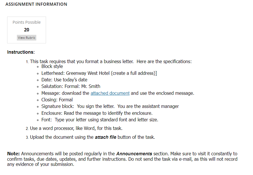 Solved ASSIGNMENT INFORMATION Points Possible 20 View Rubric | Chegg.com