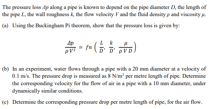 Solved The pressure loss Δp along a pipe is known to depend | Chegg.com