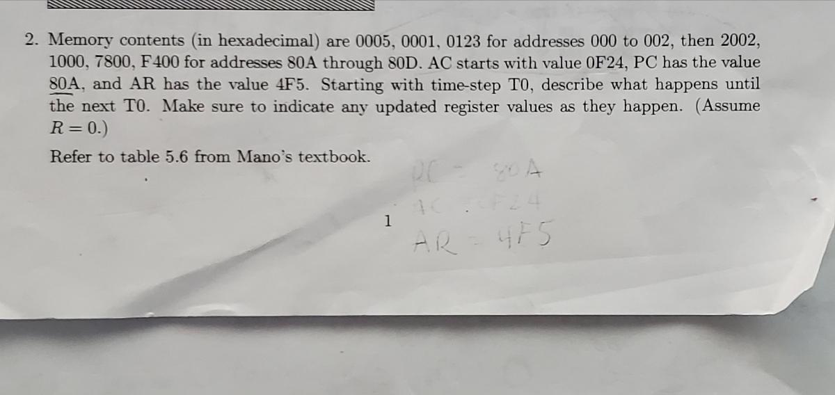 Solved 2. Memory contents (in hexadecimal) are 0005, 0001, | Chegg.com