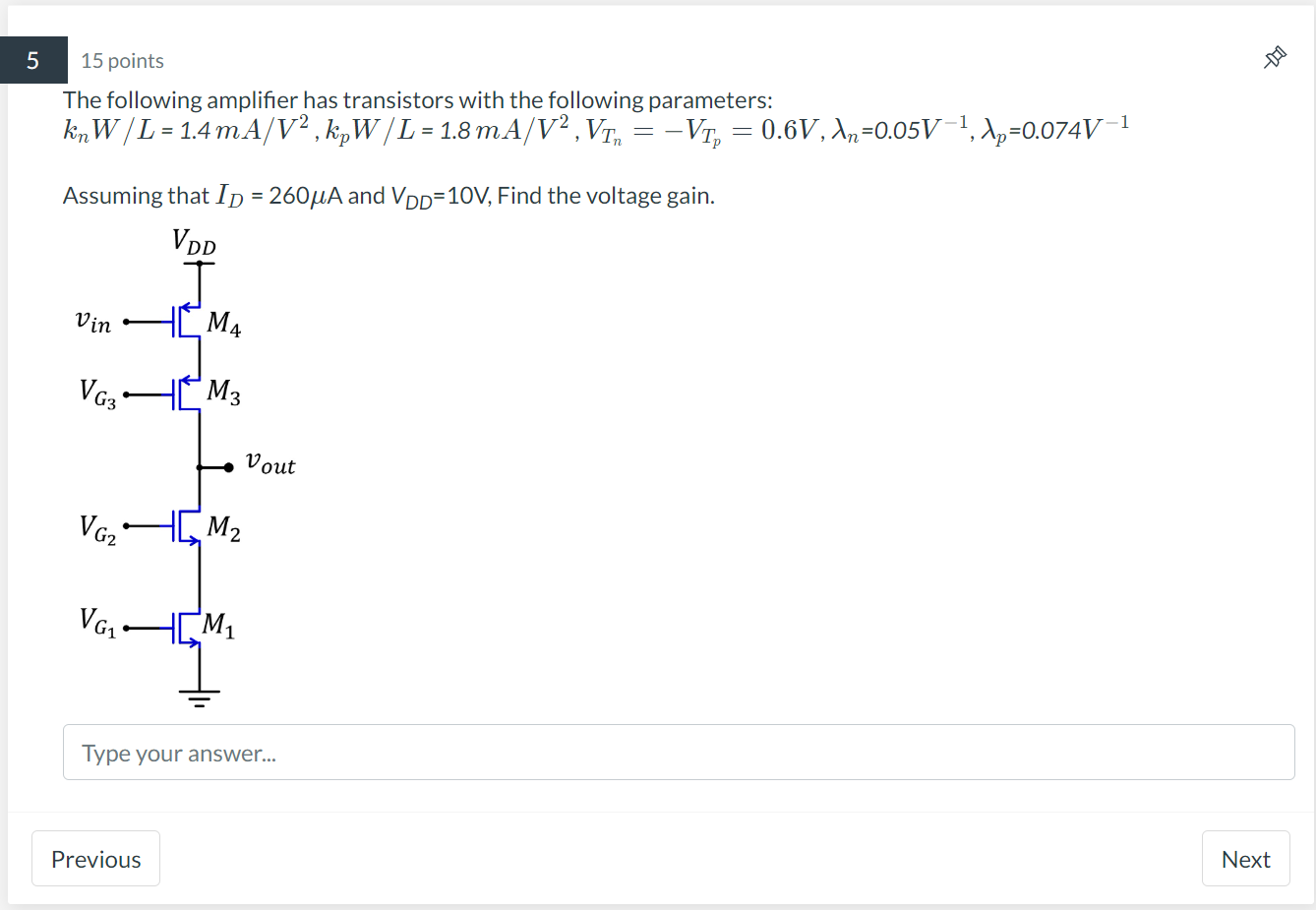 Solved The following amplifier has transistors with the | Chegg.com