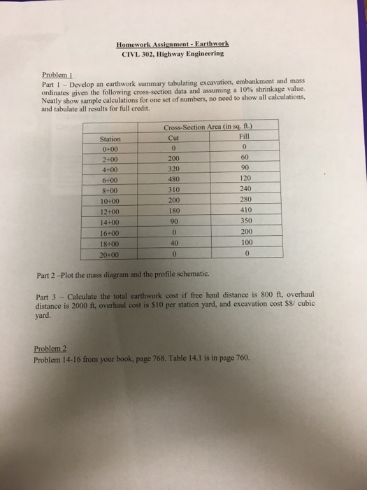 Homework Assignment-Earthwork CIVL 302, Highway | Chegg.com