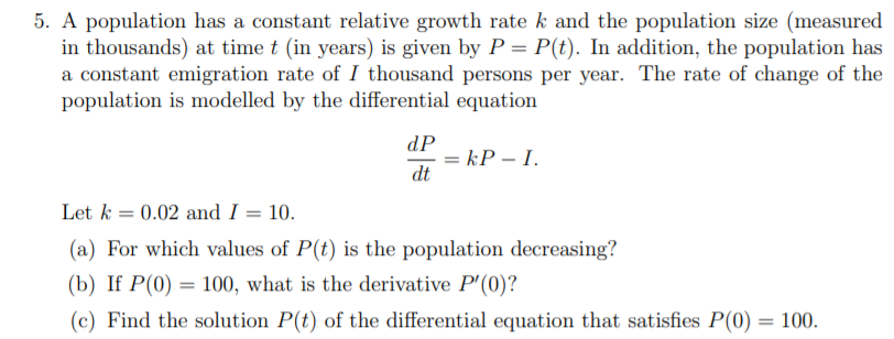 Solved 5. A population has a constant relative growth rate k | Chegg.com