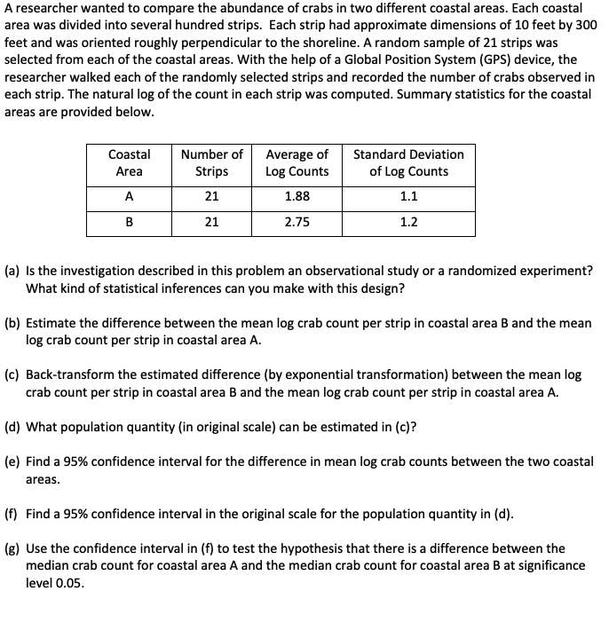 Solved A researcher wanted to compare the abundance of crabs | Chegg.com