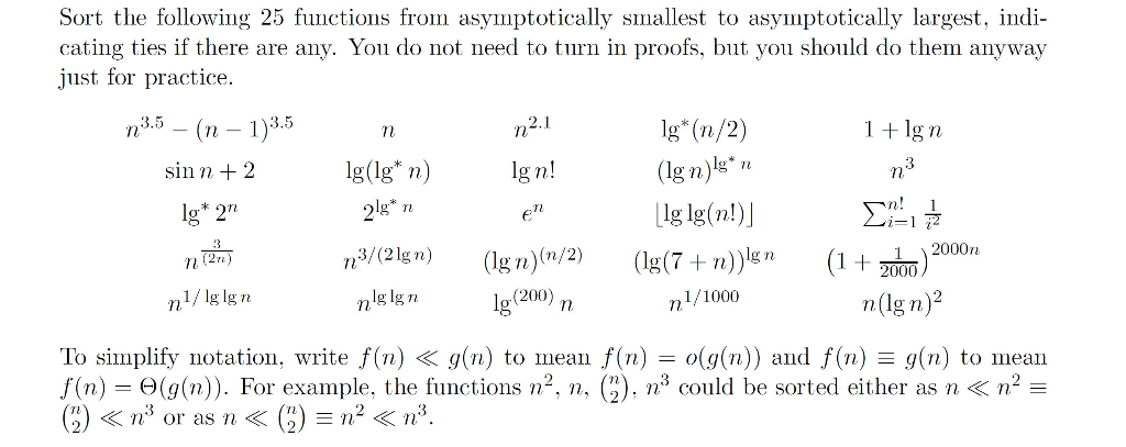 Sort The Following 25 Functions From Asymptotically