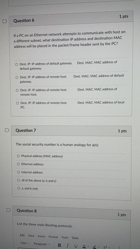 Solved 1 pts Question 6 If a PC on an Ethernet network | Chegg.com