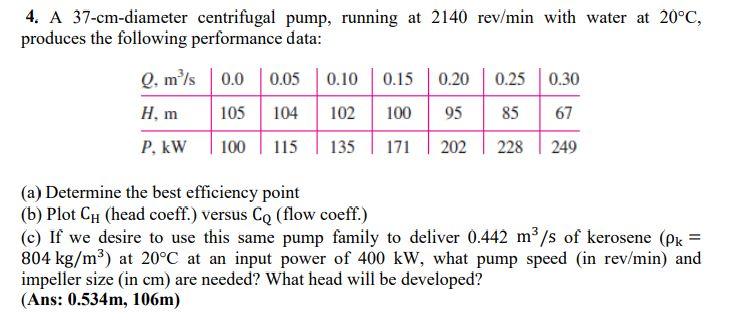 Solved 4. A 37−cm-diameter centrifugal pump, running at | Chegg.com
