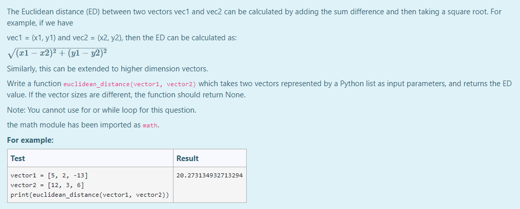 Solved The Euclidean distance (ED) between two vectors vec1 | Chegg.com