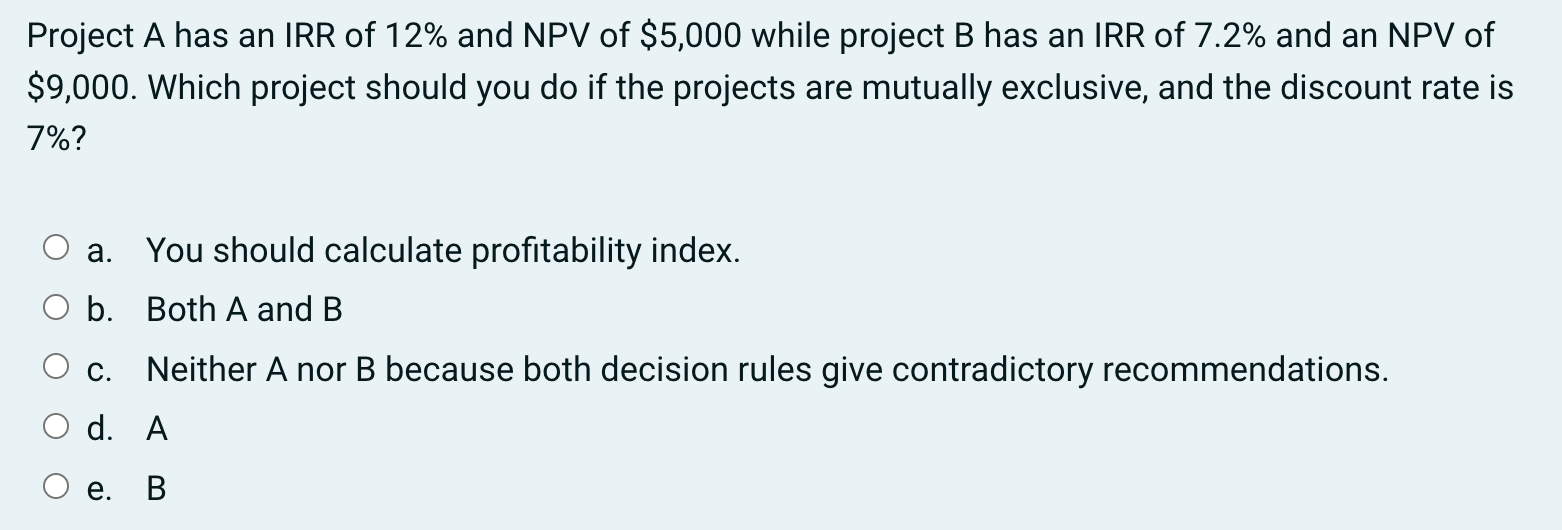 High Quality SOLUTION Project A has an IRR of \( 12 \% \) ﻿and NPV of \( \$ | Chegg.com