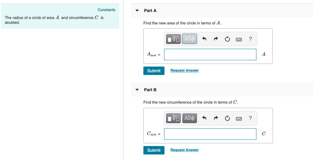 Solved Constants Part A The radius of a circle of area A and | Chegg.com