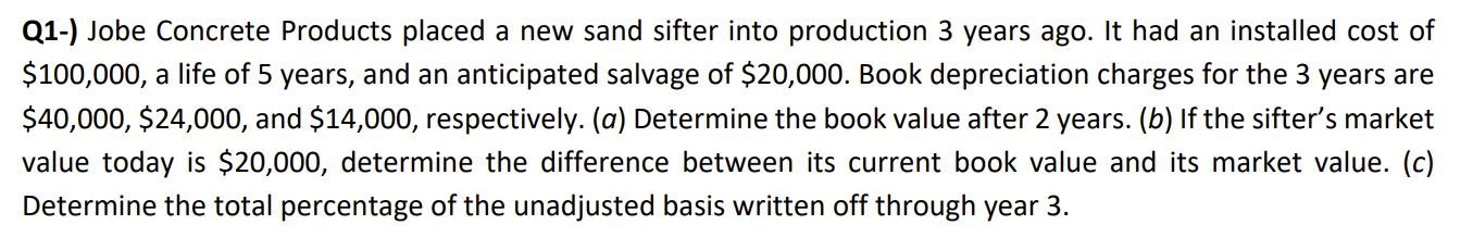 Solved Q1-) Jobe Concrete Products placed a new sand sifter | Chegg.com