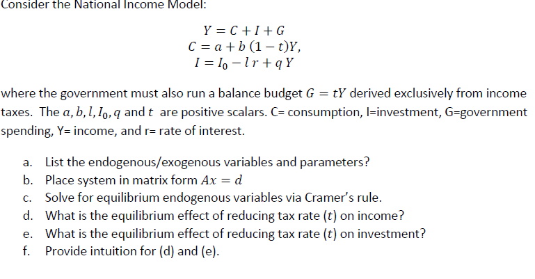 Solved Consider the National Income Model: Y = C +1+G C = a | Chegg.com