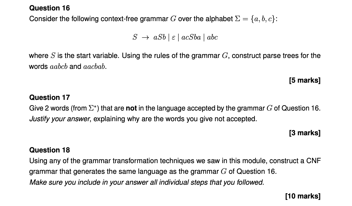 Solved Question 16 Consider the following context-free | Chegg.com