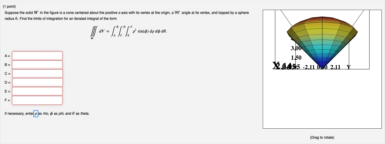 Solved (1 point) Suppose the solid W in the figure is a cone | Chegg.com