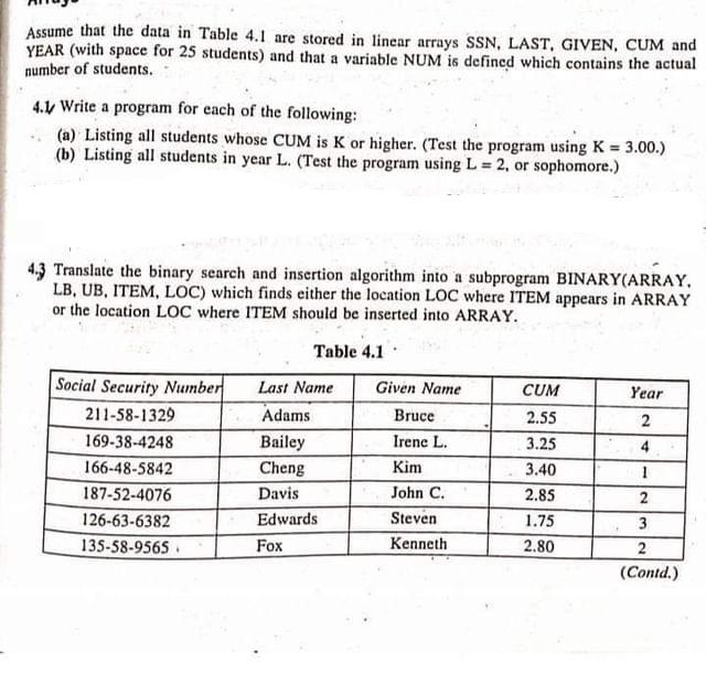 Solved Assume that the data in Table 4.1 are stored in | Chegg.com