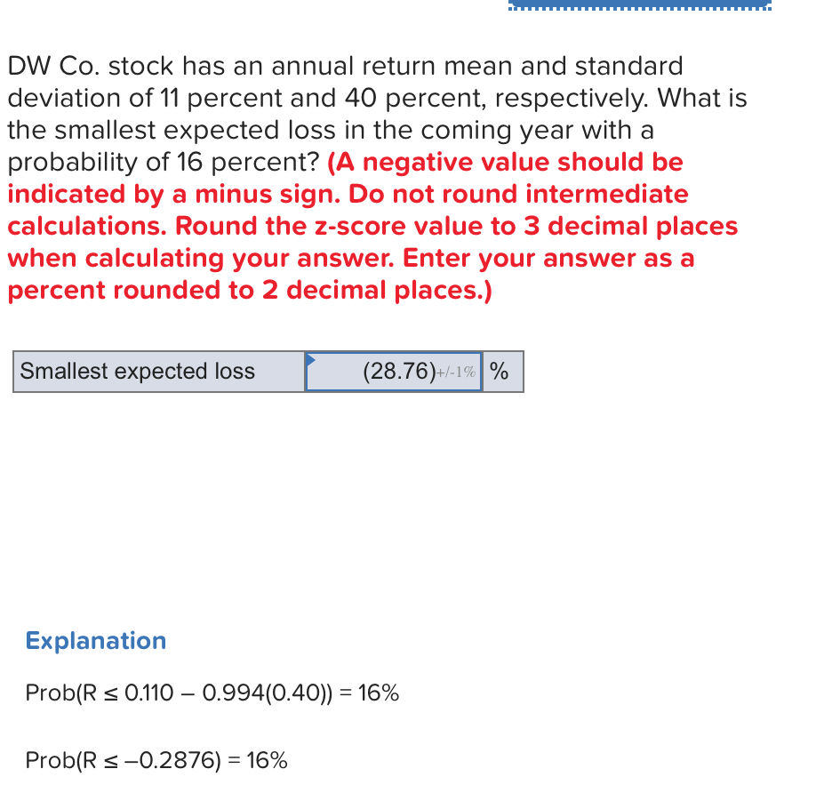 Solved DW Co. stock has an annual return mean and standard | Chegg.com