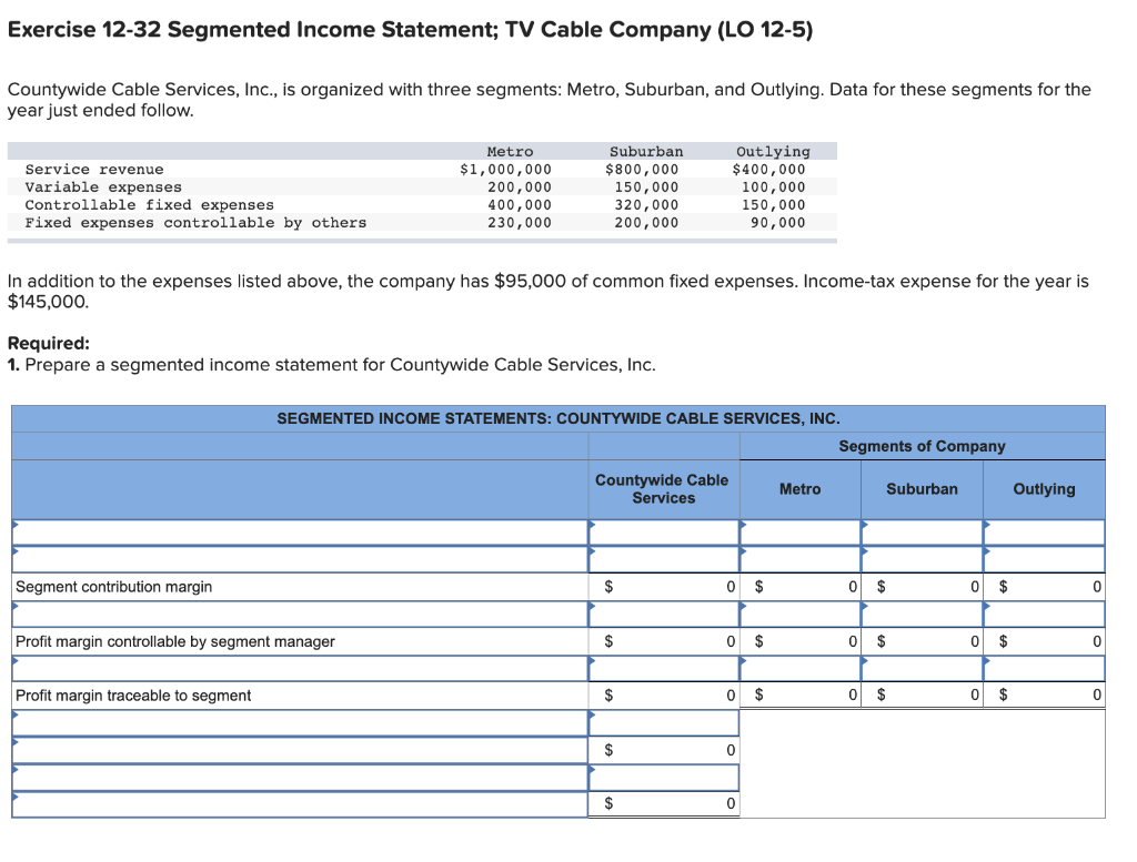 Exercise 12-32 Segmented Income Statement; TV Cable | Chegg.com
