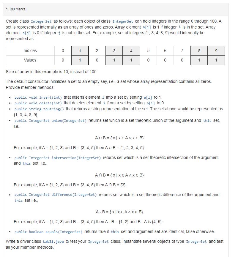 Solved 1. [80 marks] Create class Integerset as follows: | Chegg.com