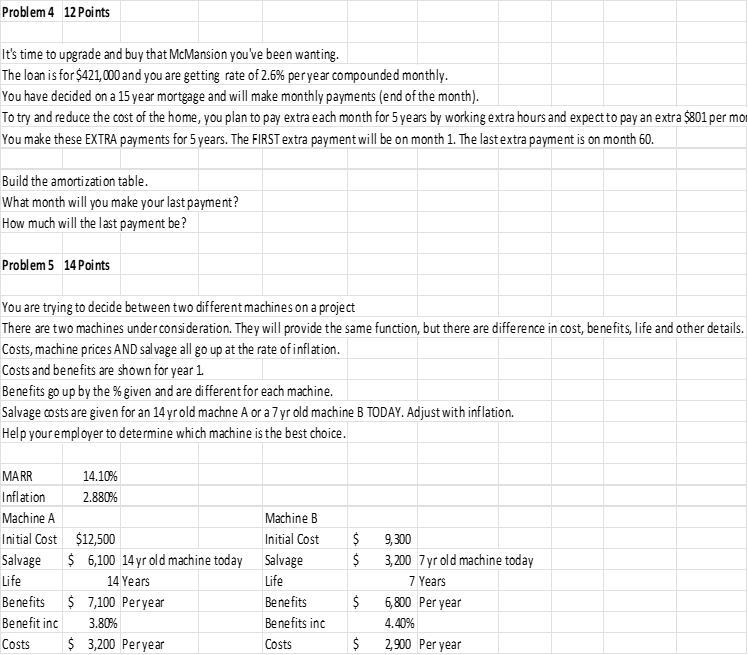 Complete each problem in excel. Submit your excel | Chegg.com