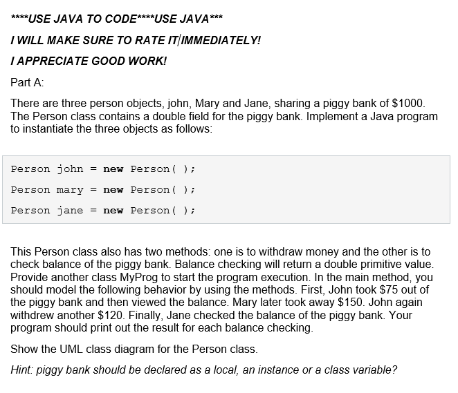 Solved ****USE JAVA TO CODE***USE JAVA*** WILL MAKE SURE TO | Chegg.com