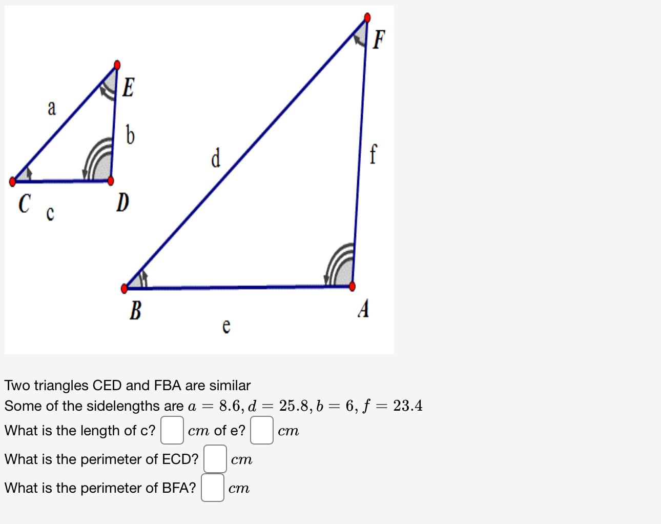 Solved F E co a b d f C C D с B A е = = Two triangles CED | Chegg.com