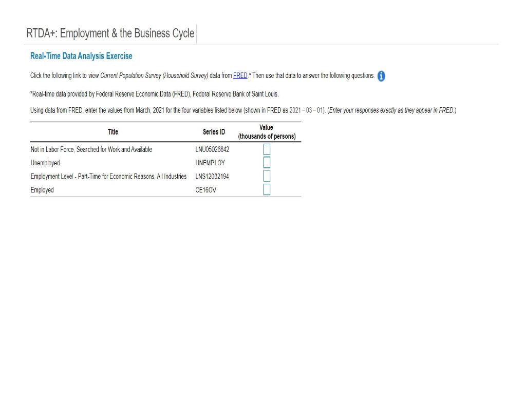 Solved RTDA+: Employment & the Business Cycle Real-Time Data | Chegg.com