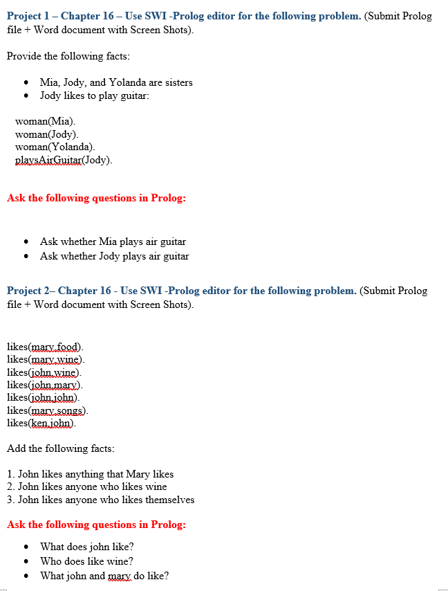 Project 1 - Chapter 16 - Use SWI -Prolog editor for | Chegg.com