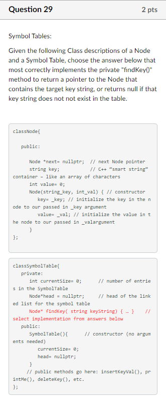Solved Question 29 2 pts Symbol Tables: Given the following | Chegg.com